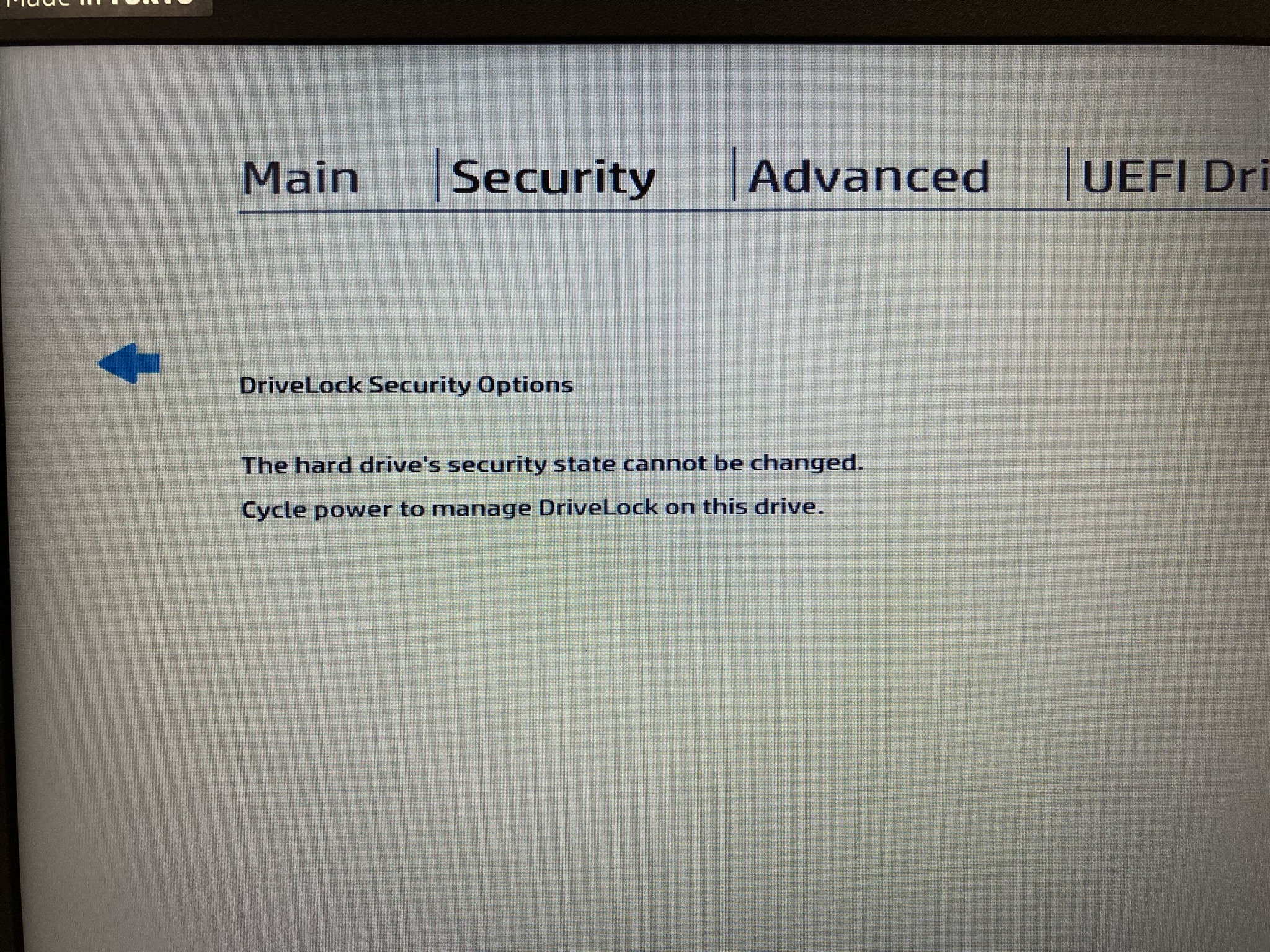 【HP】the hard drive’s security state cannot be changed. Cycle power to ...